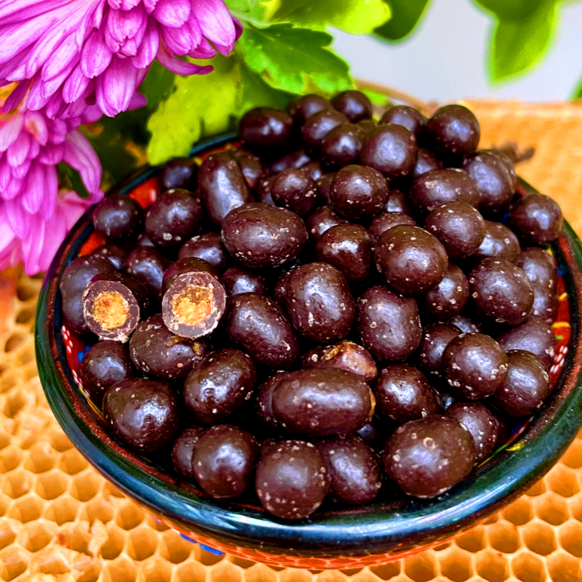 Sweet and sour Perga bee bread in bitter dark chocolate